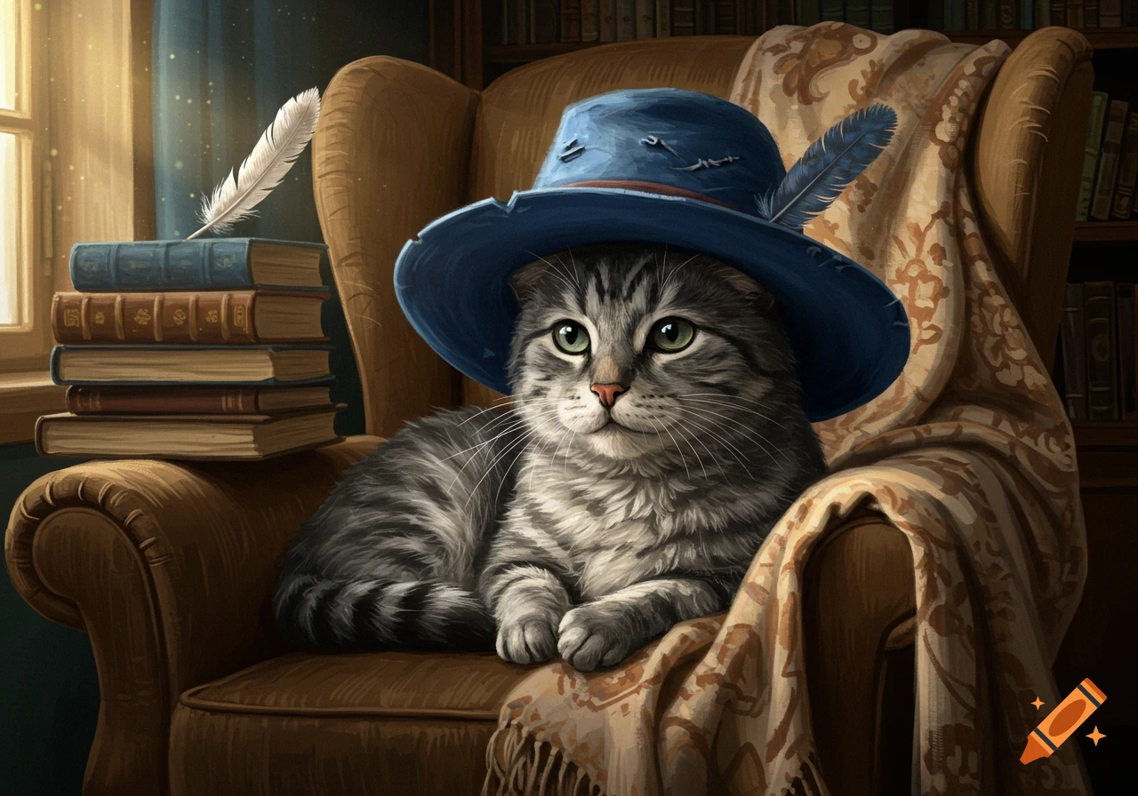 A grey and white tabby cat with green eyes wears a blue hat, sitting on ...