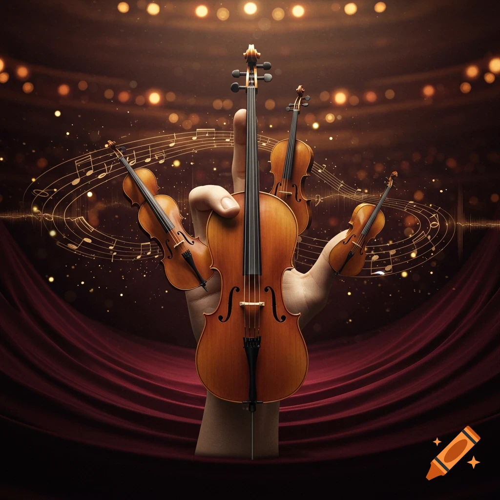 Glowing golden musical eighth note surrounded by smaller blue and gold ...