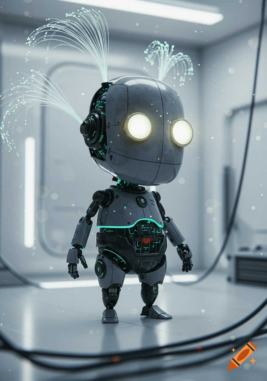 A small, cute, gray robot with glowing yellow eyes and fiber optic ...