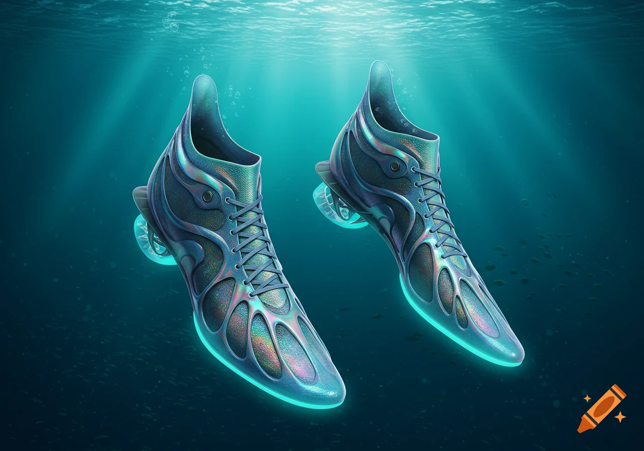 A pair of shiny, futuristic Mary Jane style shoes with glowing wings ...