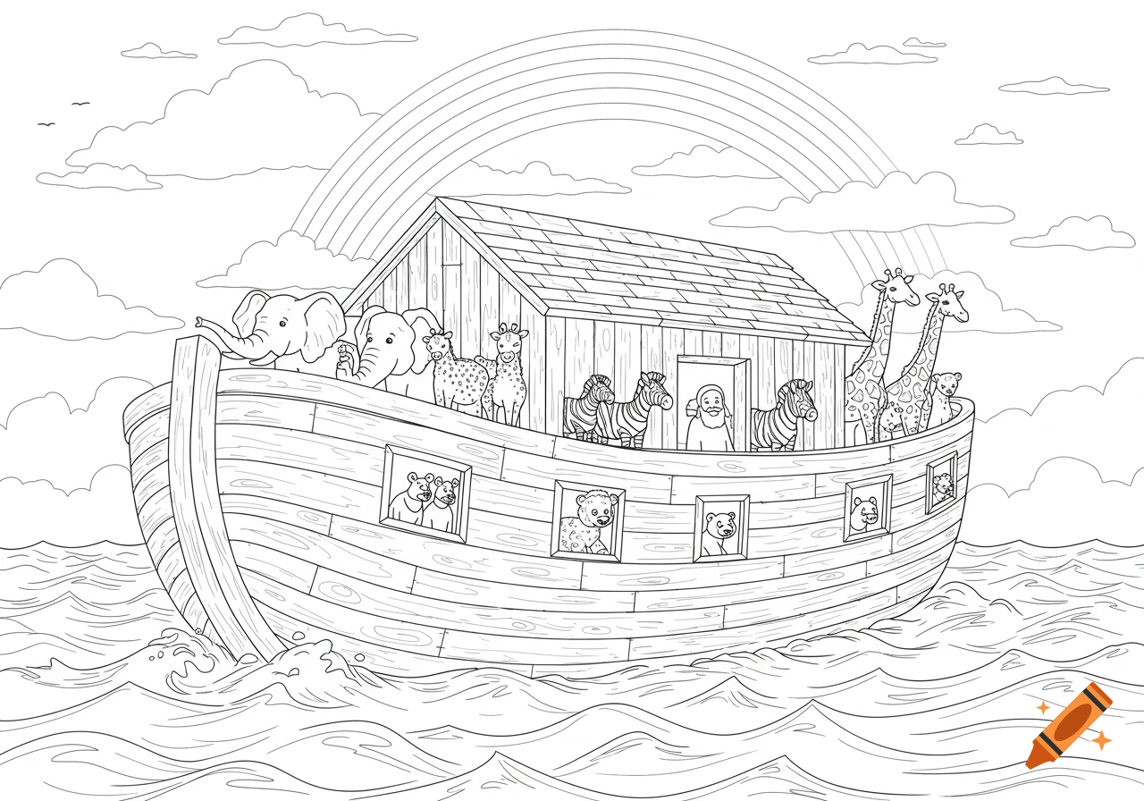 Black and white engraving of Noah's Ark on wavy water with many animals ...