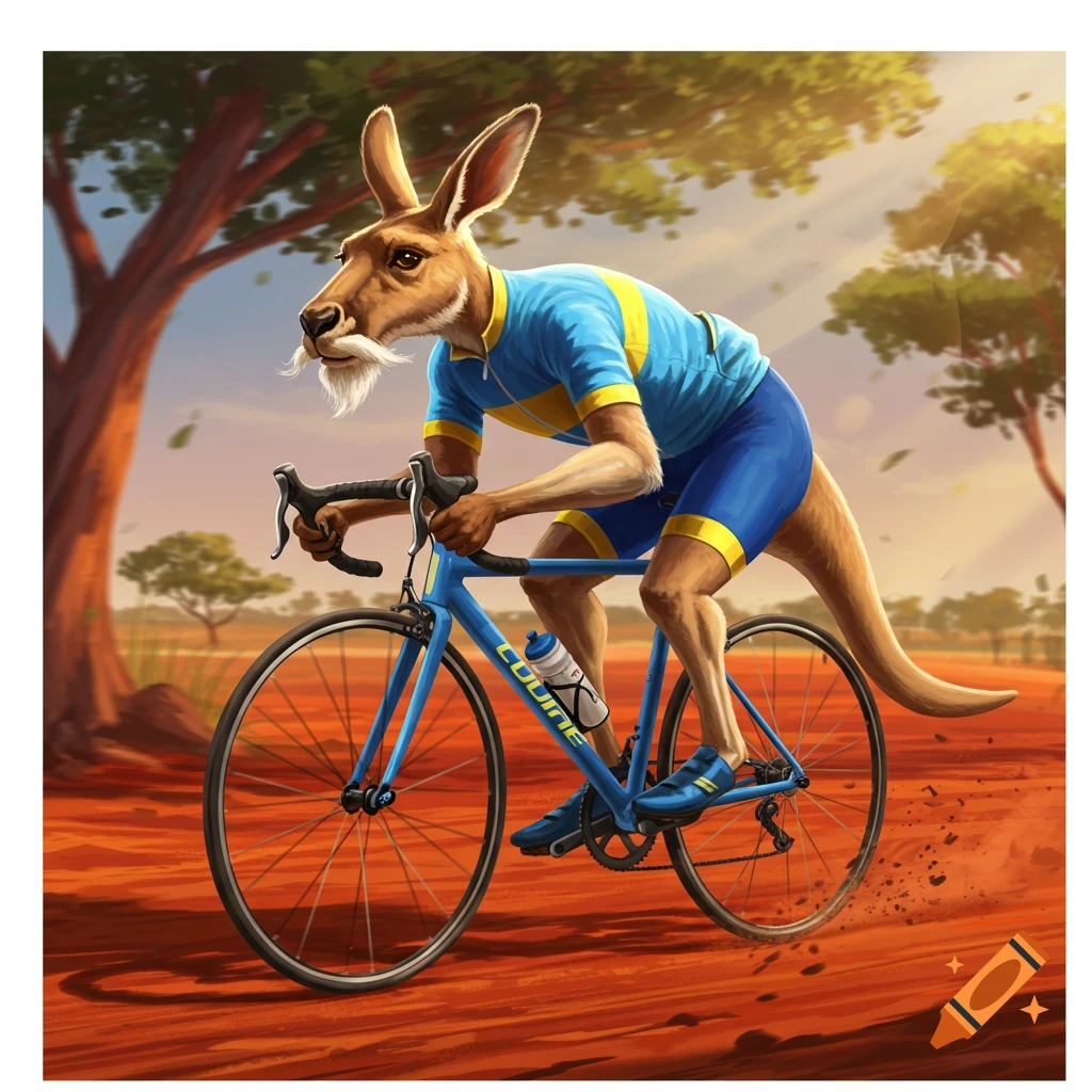 Illustrative image of a kangaroo with a goatee riding a blue racing ...