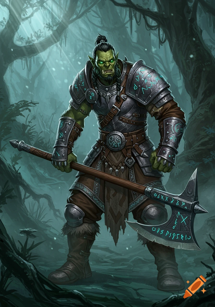 An armored green orc warrior with a top knot and braided beard stands ...