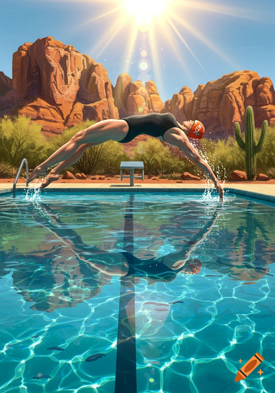 An illustration of a female swimmer diving into an outdoor pool in a ...
