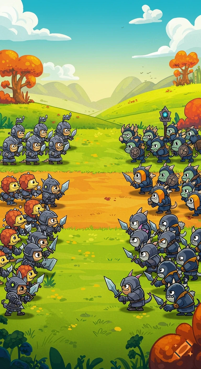 Cartoon game concept art of two armies, armored soldiers and green ...