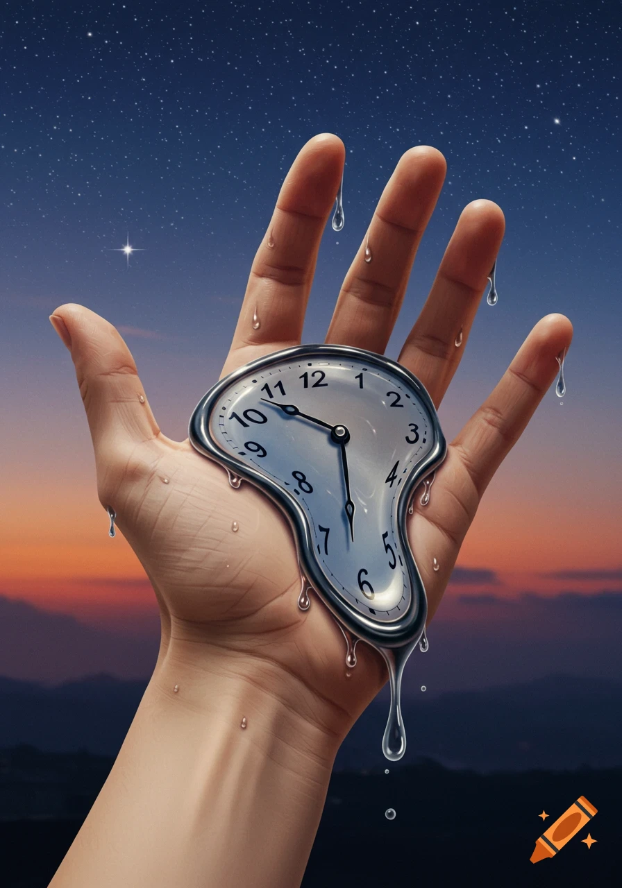 A surreal image of a melting clock held in an outstretched hand against ...