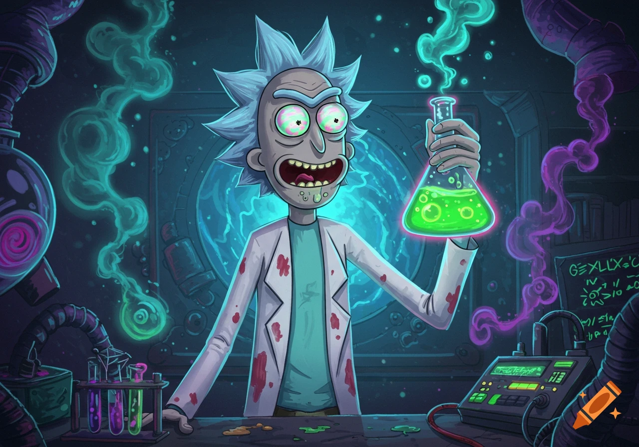 Rick Sanchez dressed as Santa Claus eats flaming hot wings, breathing fire, while Morty watches ...