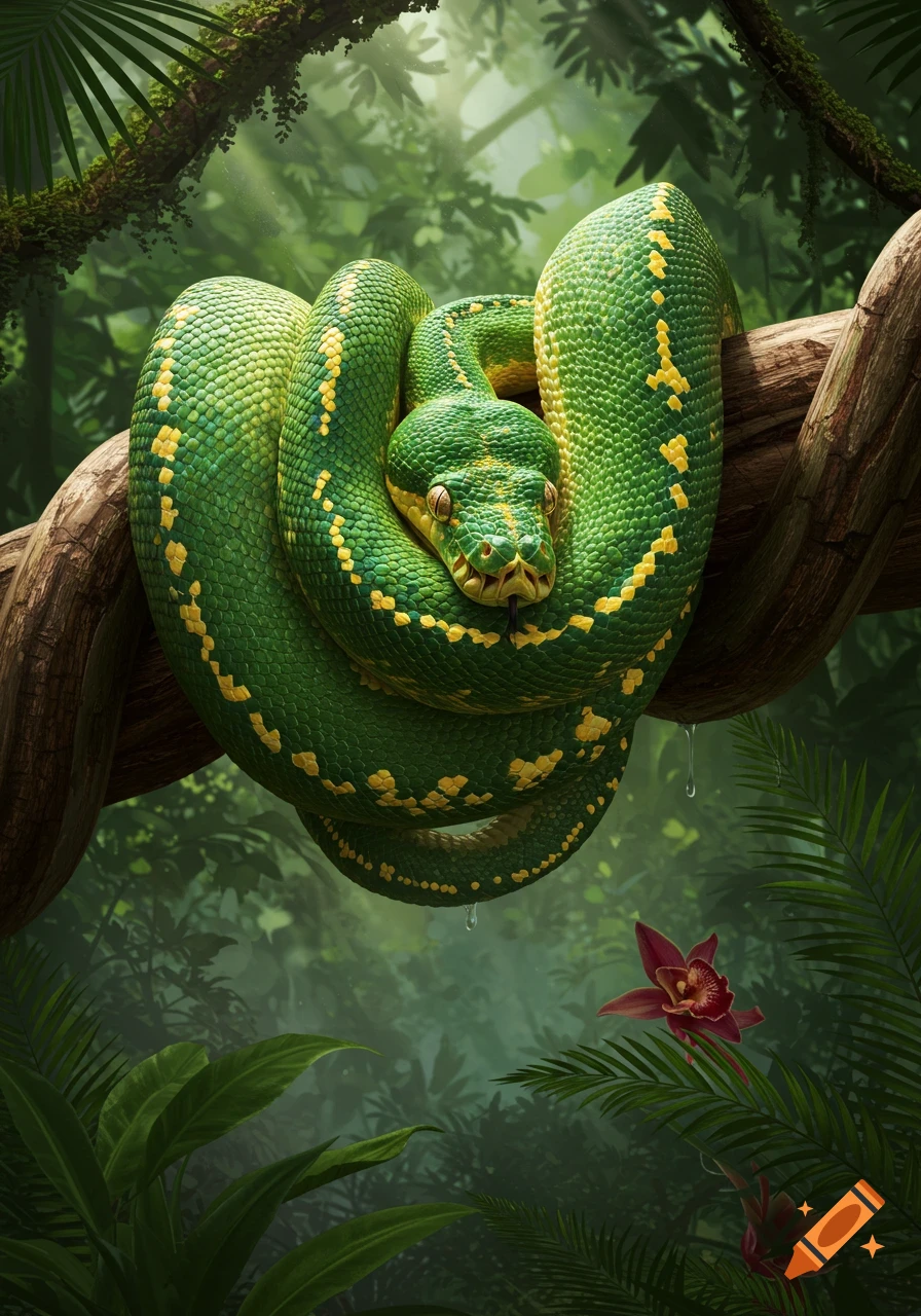 A vibrant green and yellow snake coiled around a vine in a lush, highly ...