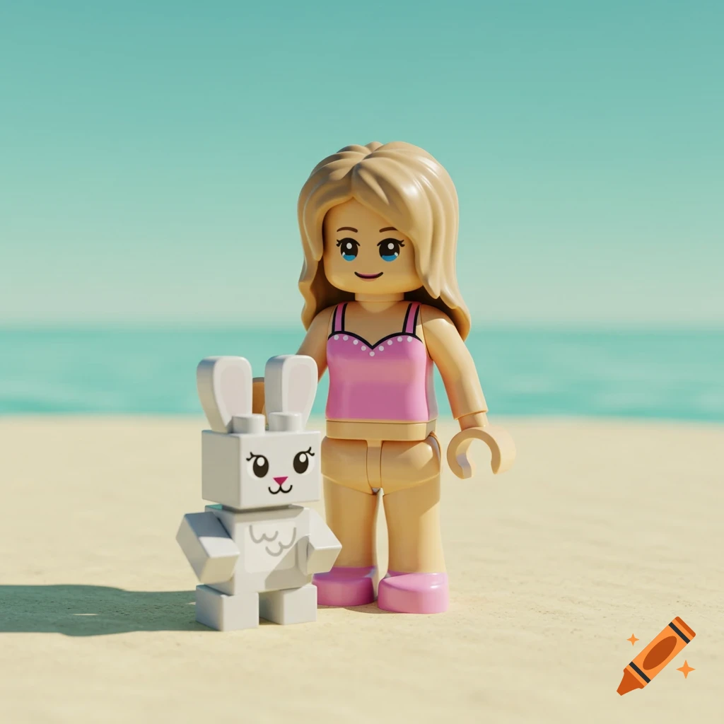 A 3D render of a blonde Lego girl in a pink swimsuit and a white Lego ...