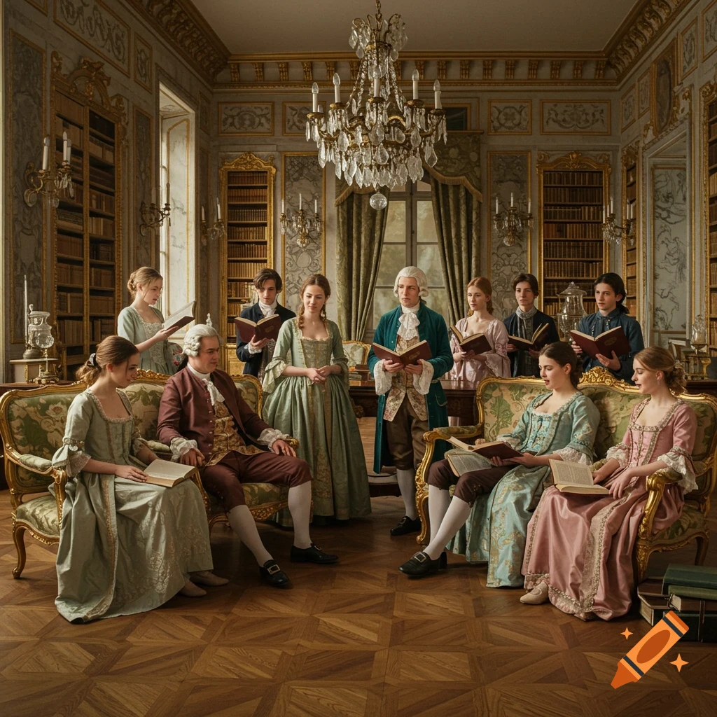 People in 18th-century Rococo attire read books in an ornate French ...