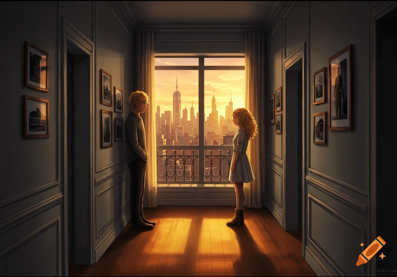 Illustrated blonde man and woman face each other in an apartment ...