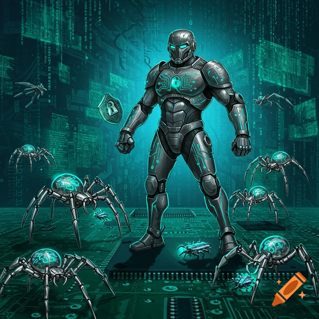 A cyber security champion robot stands on a circuit board, surrounded by mechanical spiders ...