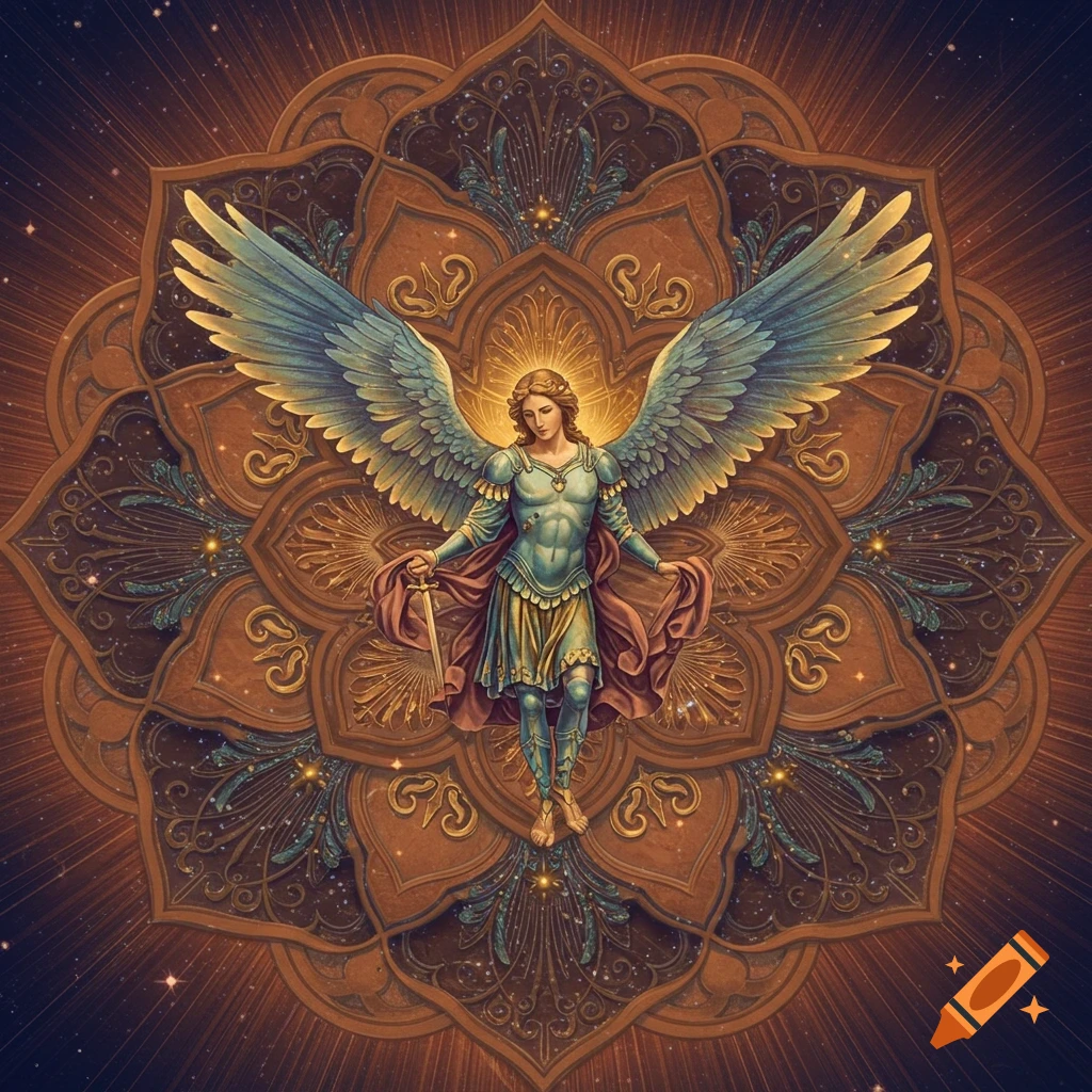 Archangel Michael with large wings, armor, and a sword, floating above ...