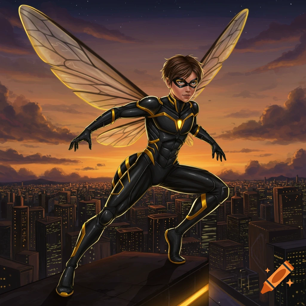 A teenage superhero in a black and yellow hornet-themed costume with ...
