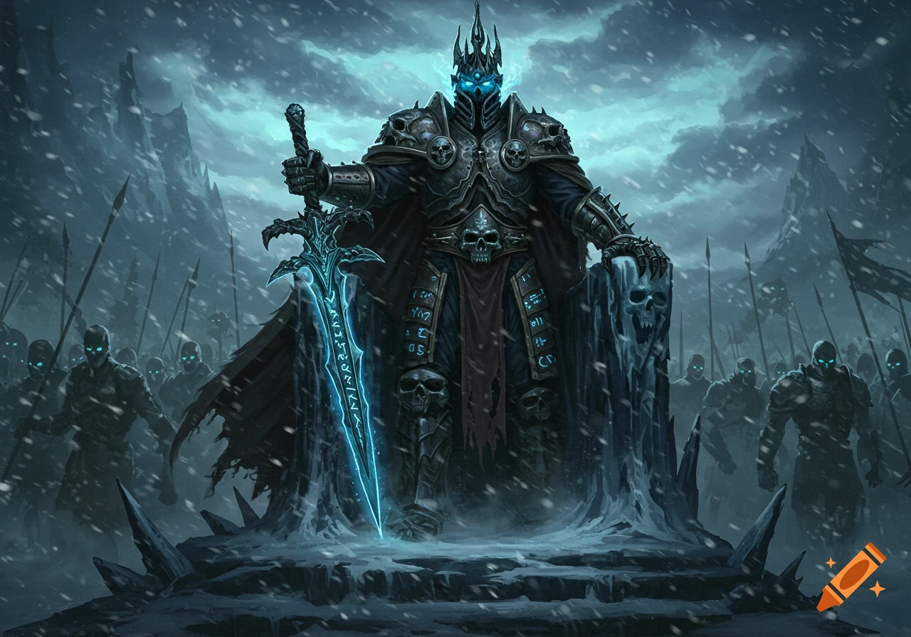 An epic dark fantasy illustration of the Lich King, a menacing armored ...