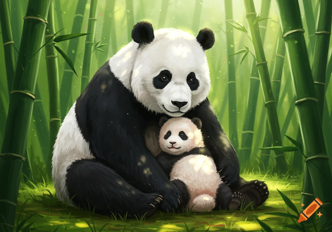 An illustrated mother panda hugs her baby in a bright bamboo forest ...