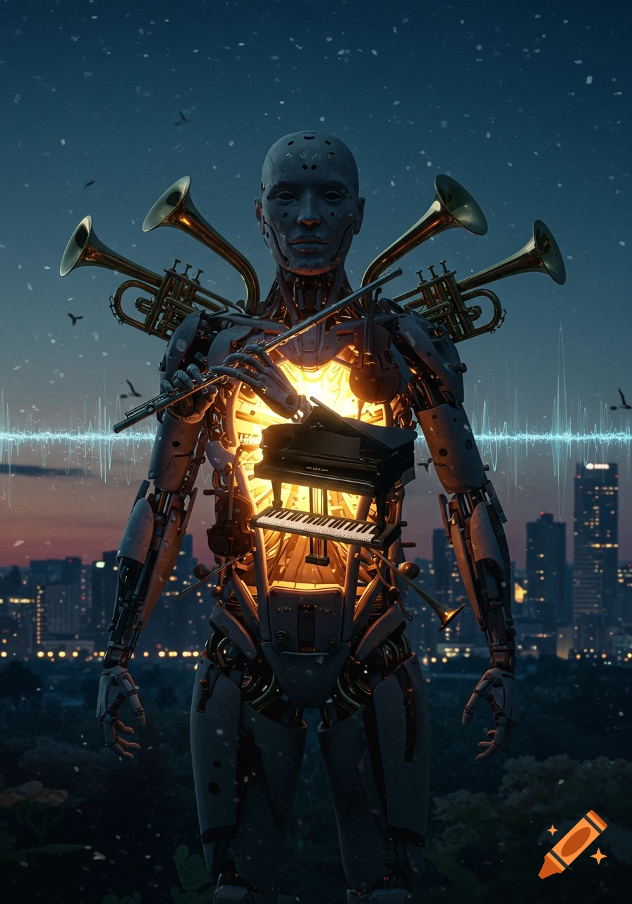 A humanoid robot with a chest full of glowing musical instruments ...