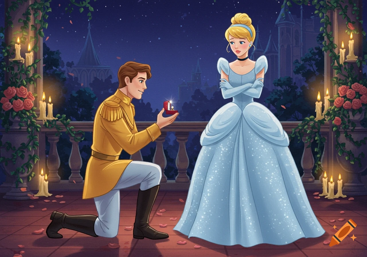 Cartoon of Prince Charming proposing to Cinderella on a balcony ...