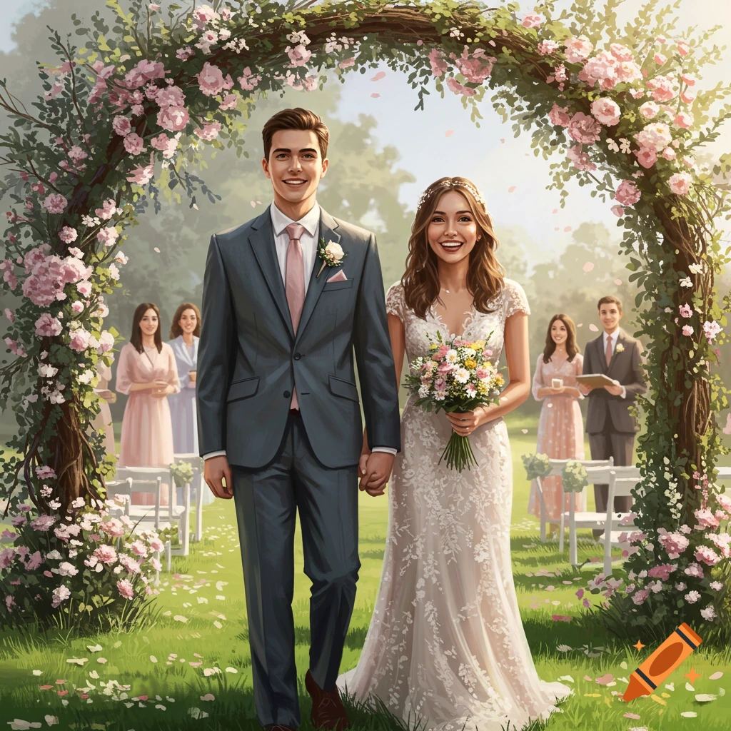 An illustrated bride and groom stand in a lush green meadow filled with ...