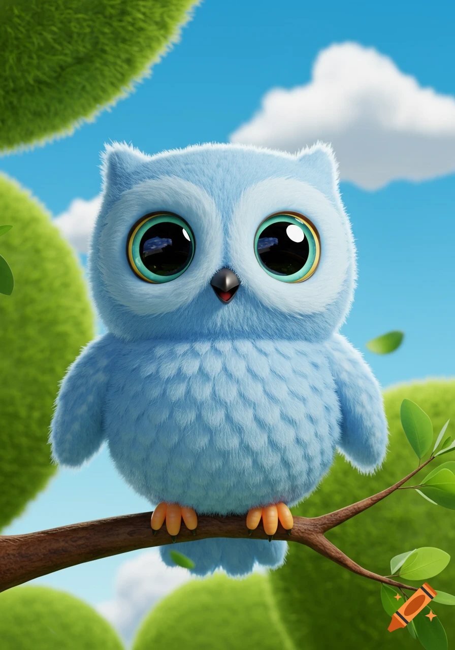 Fluffy blue 3D cartoon owl with big eyes sits on a branch, smiling ...