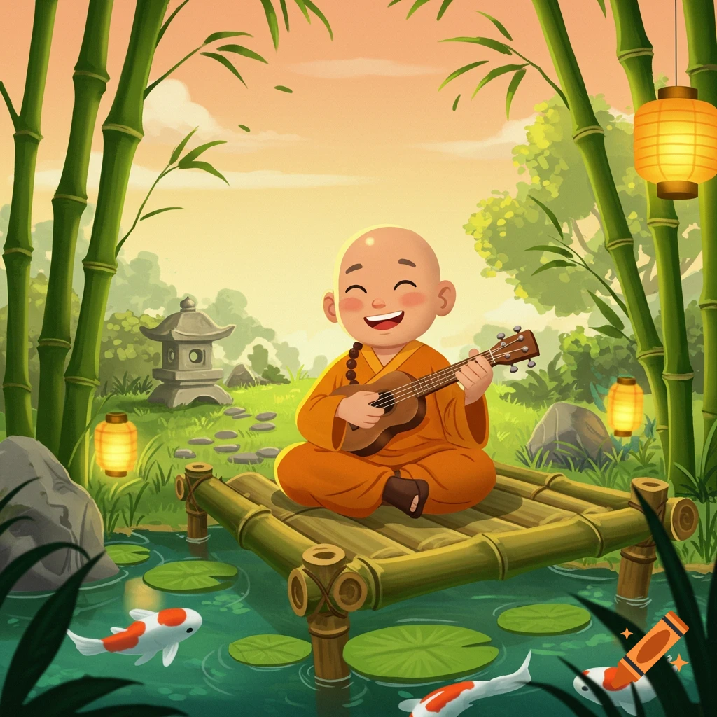 Happy cartoon young monk playing a ukulele on a bamboo raft in a serene ...