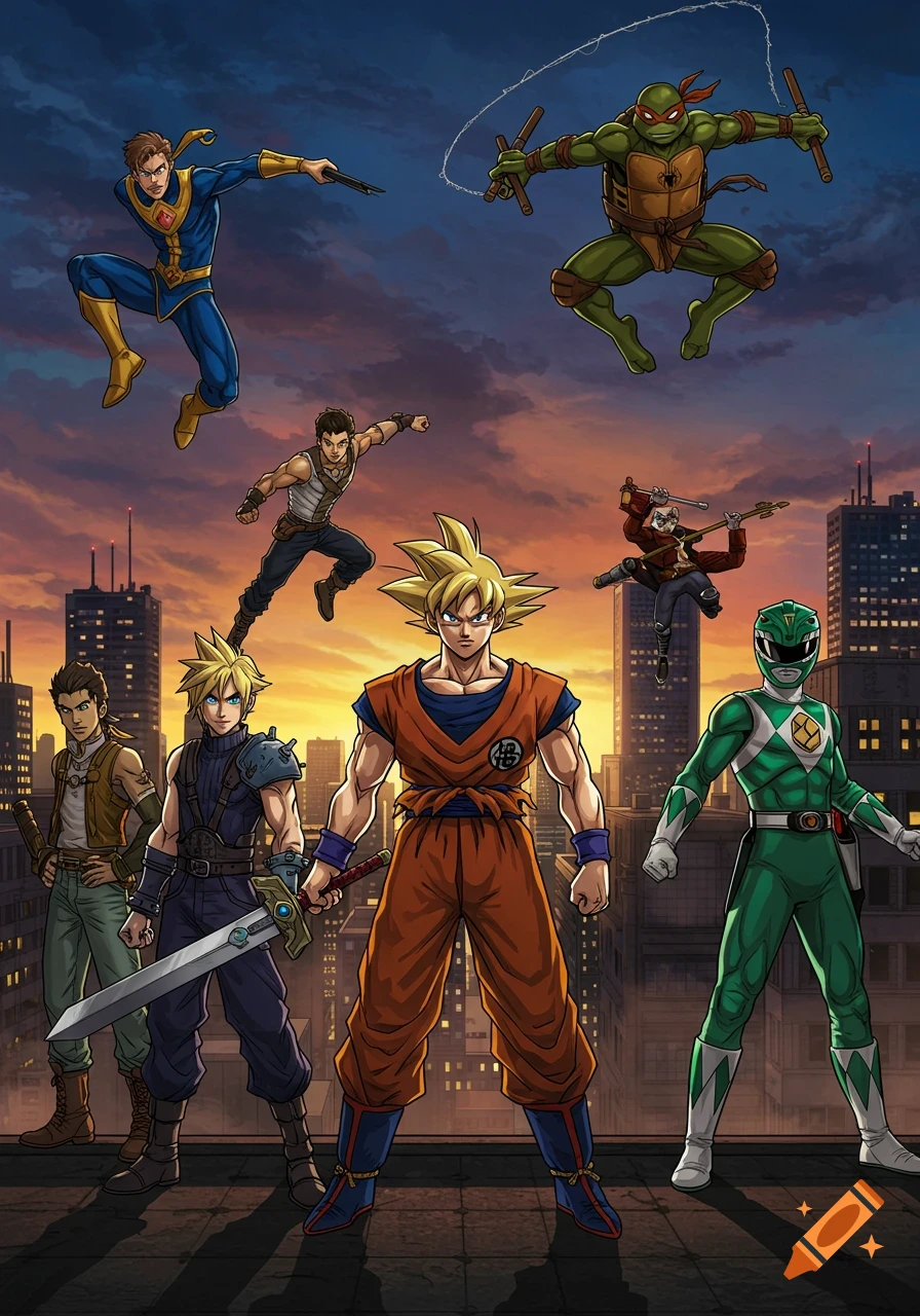 A team of colorful animal-themed Power Rangers in dynamic poses against ...