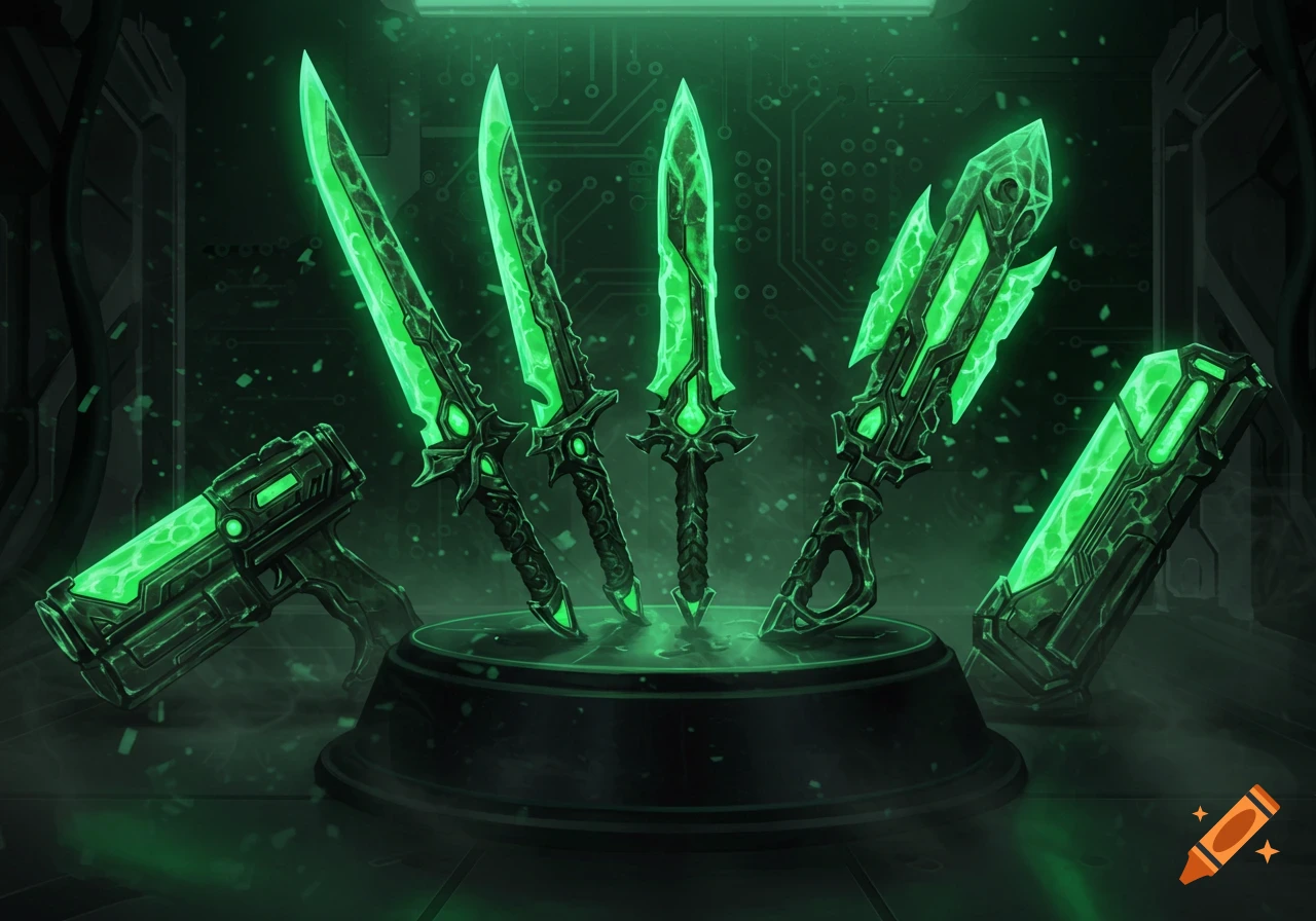 A collection of glowing green fantasy and sci-fi weapons, including ...