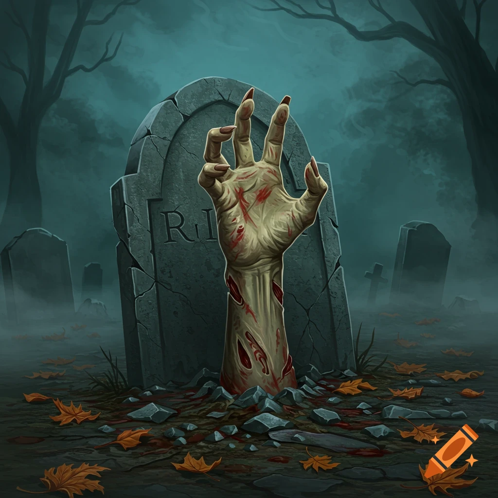 A creepy zombie hand with jagged nails emerges from a cracked tombstone ...
