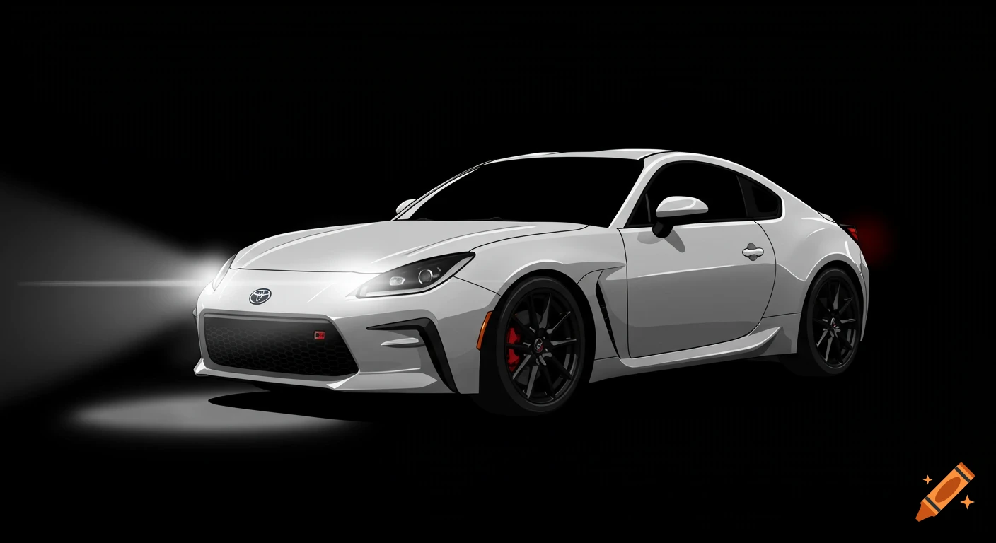 White Toyota GR86 sports car, headlights on, against a black background ...