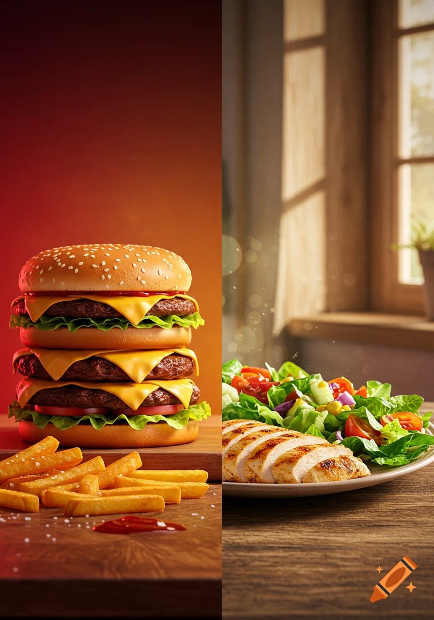 Top-view, diagonally split image featuring fast food like burgers ...