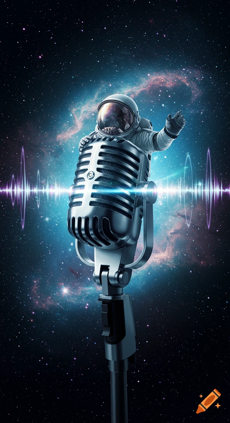 An astronaut stands behind a large vintage microphone in outer space ...