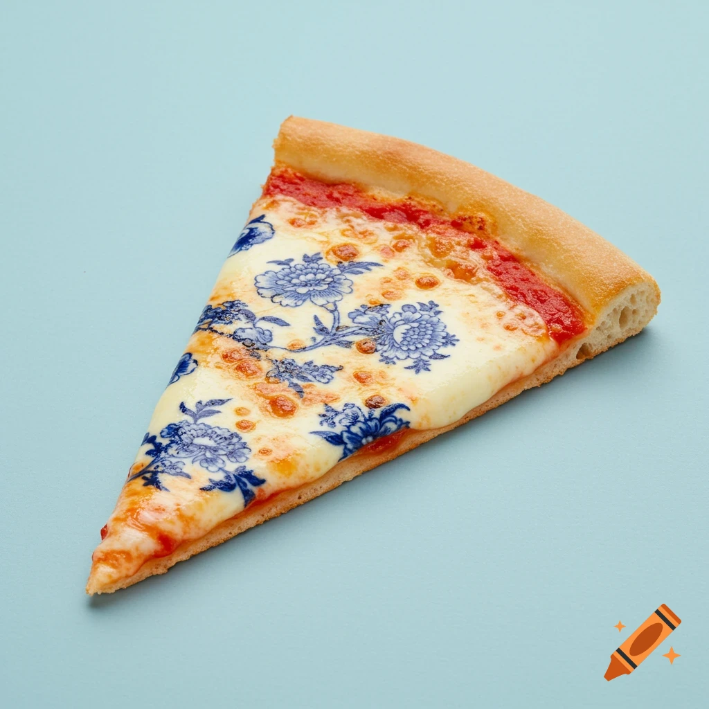 A photorealistic slice of cheese pizza with blue Chinoiserie floral ...