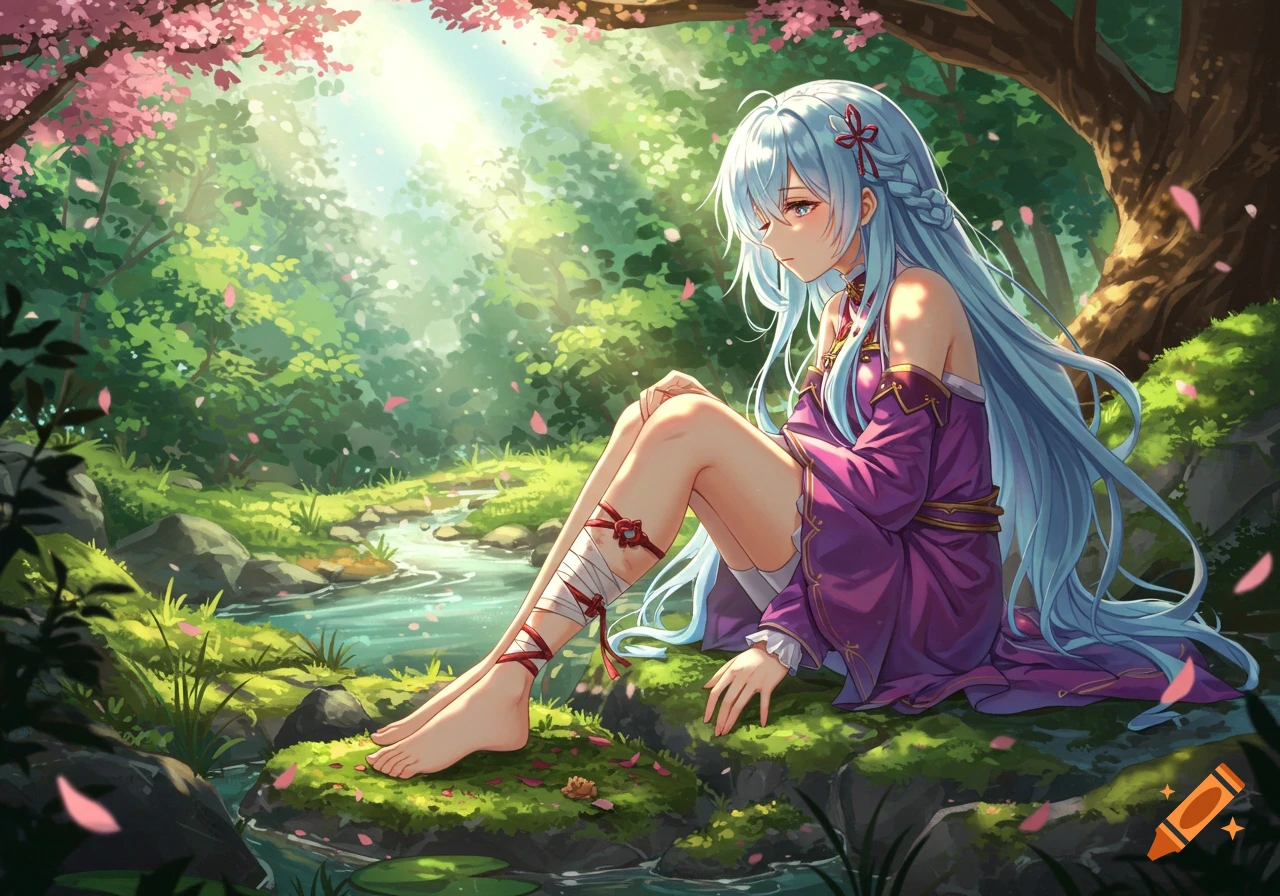 Anime girl with light blue hair and purple dress sitting by a stream in ...
