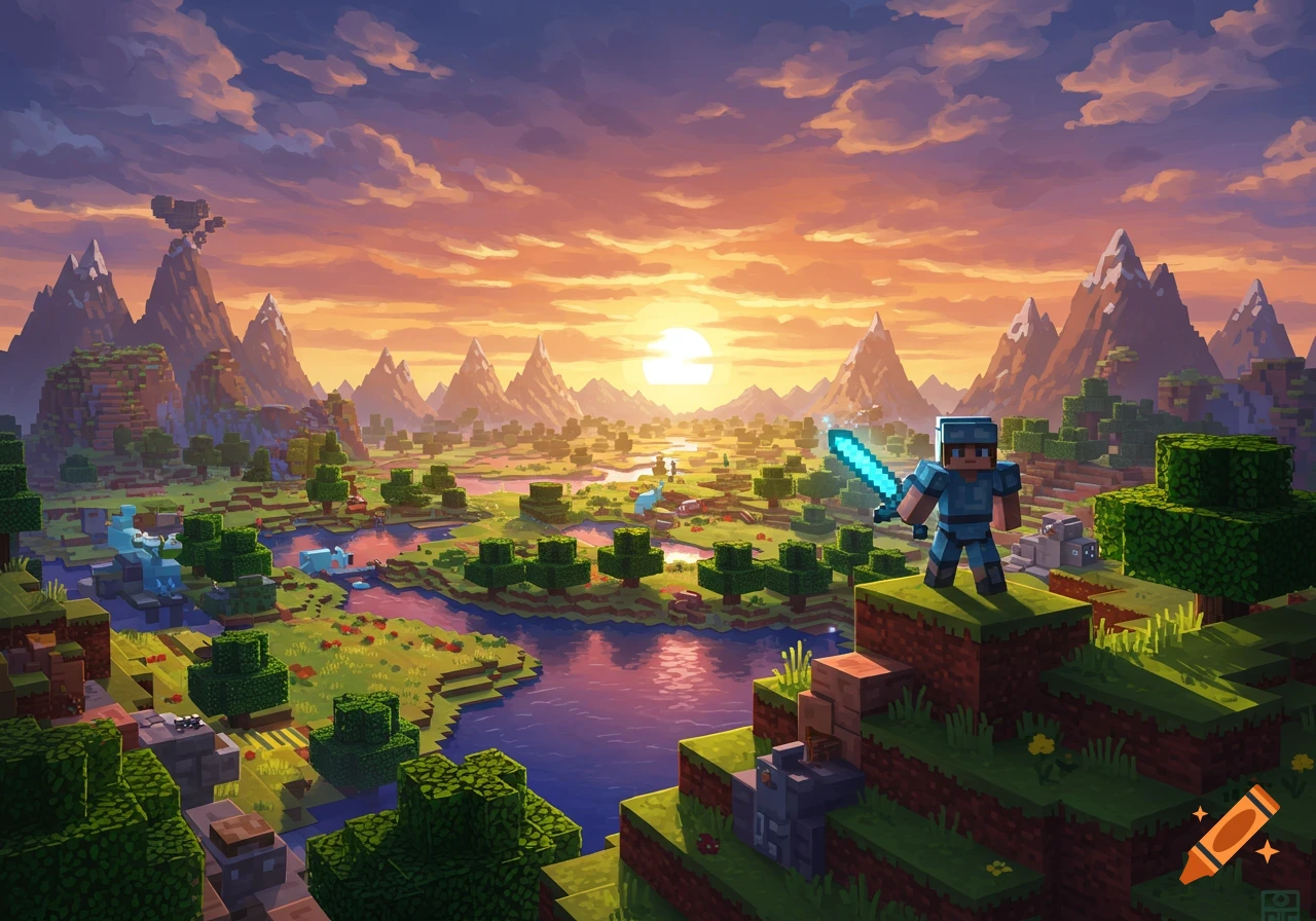 A glowing red path with sparkles winds through a blocky, Minecraft ...