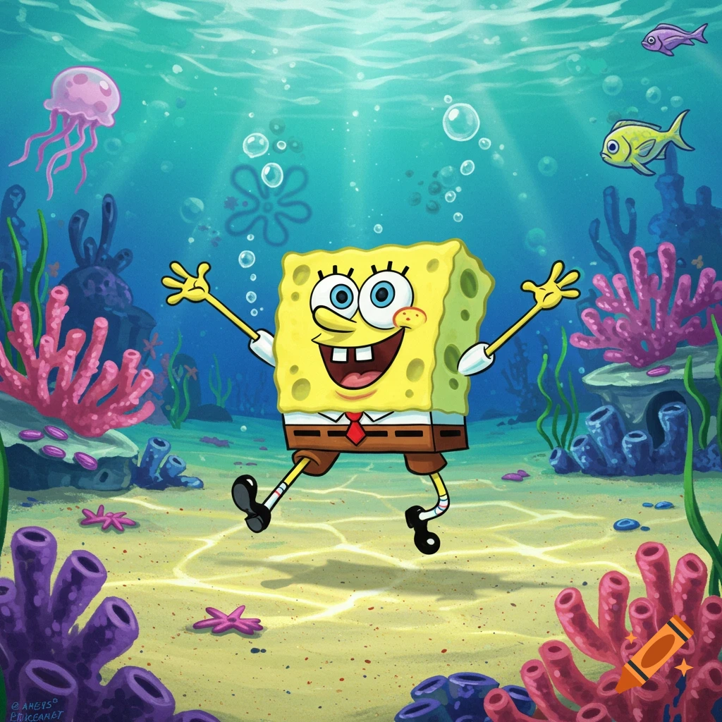 Spongebob Squarepants happily floats underwater, surrounded by colorful ...