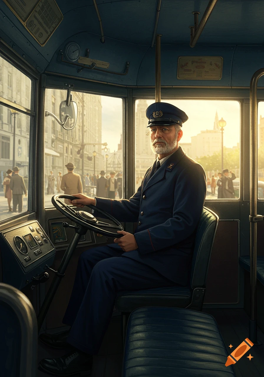 A serious, bearded bus driver in uniform sits at the wheel of a vintage ...