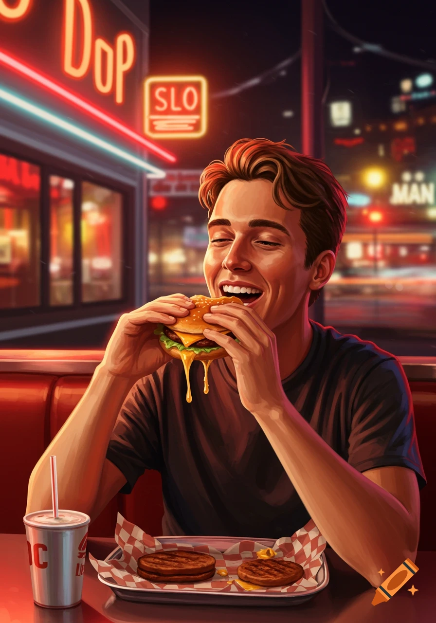 A young man with brown hair smiles happily while biting into a juicy ...