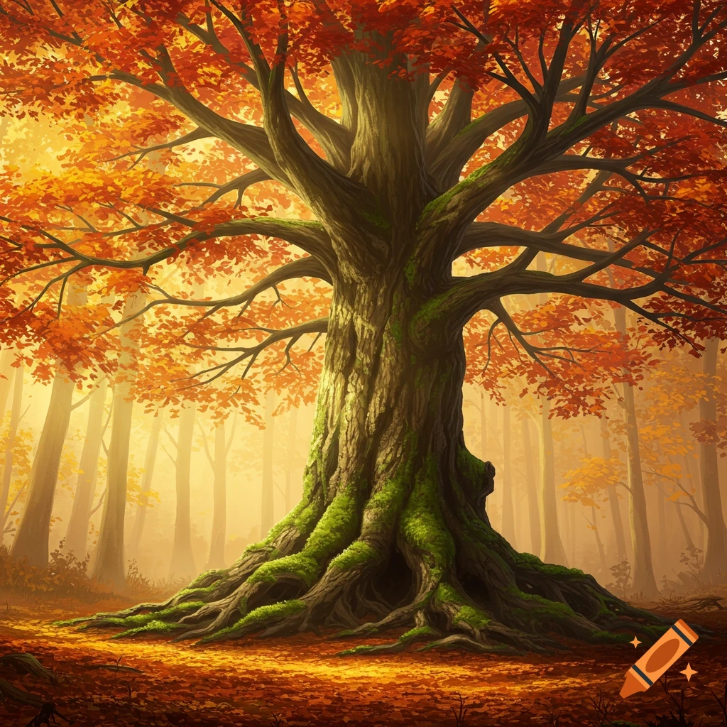 Majestic ancient tree with vibrant orange and red autumn leaves and ...