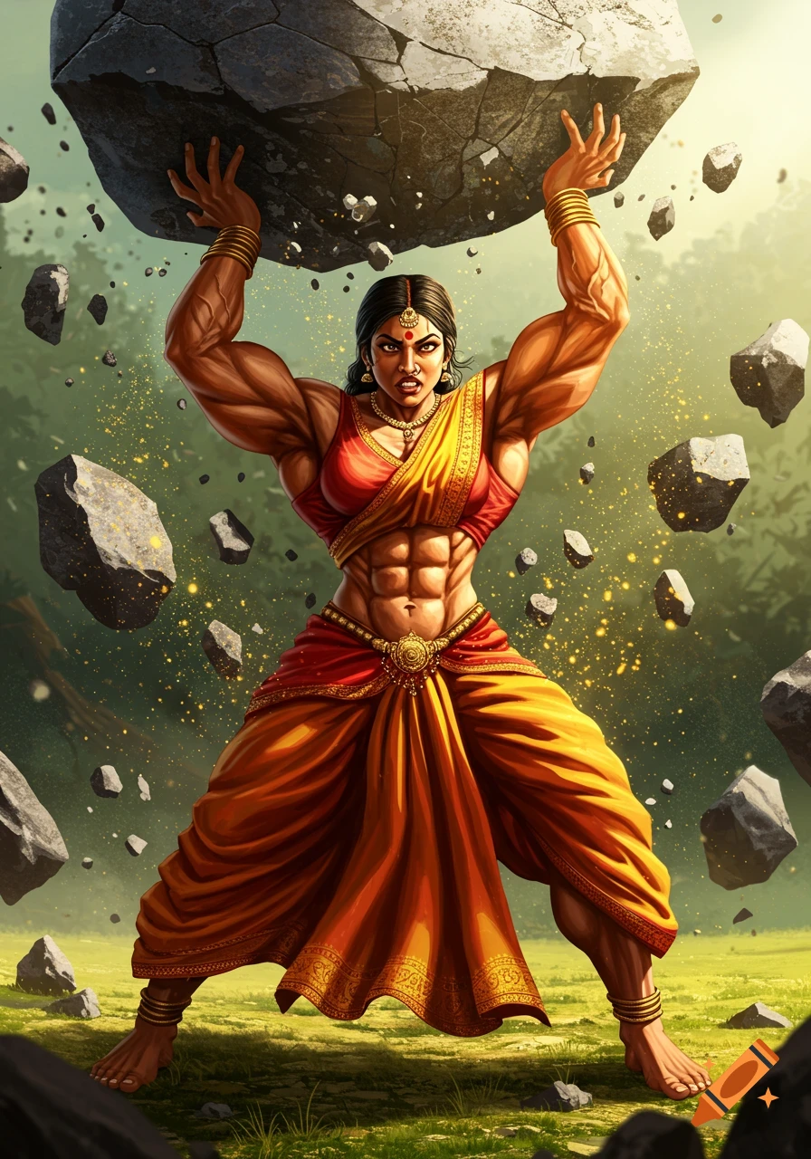 A muscular Indian woman in a red and gold sari lifts a giant rock ...