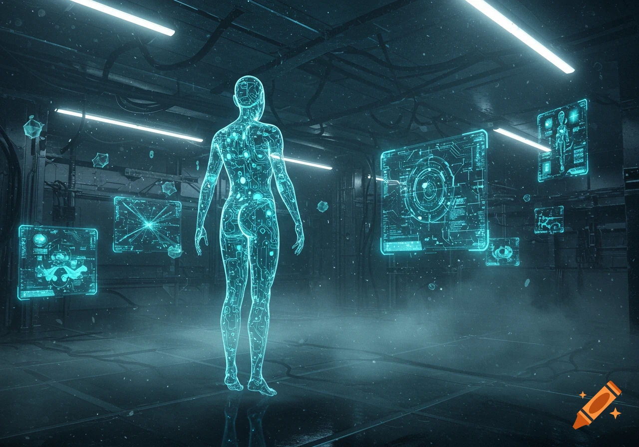 A teenage boy lies in a glowing blue futuristic stasis pod, connected ...