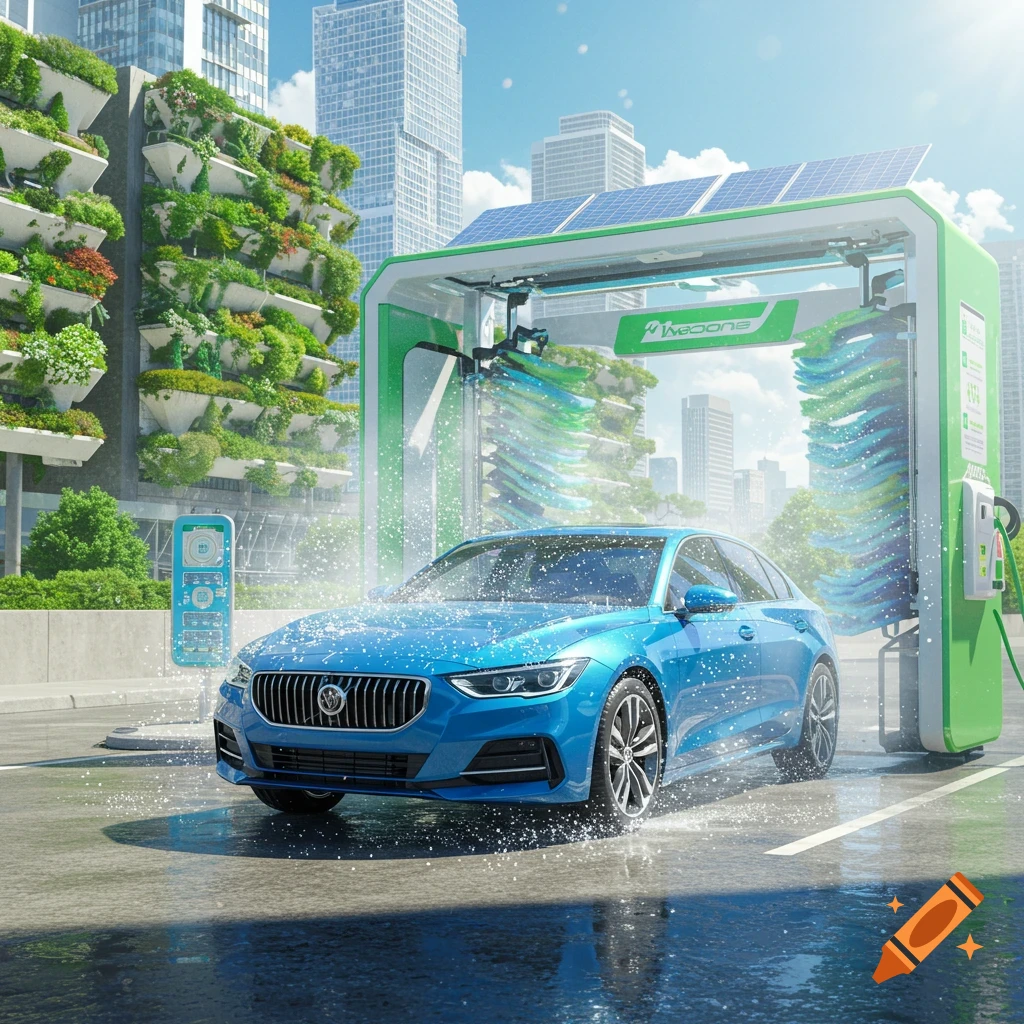A blue car is being washed at a modern, solar-powered car wash in a ...