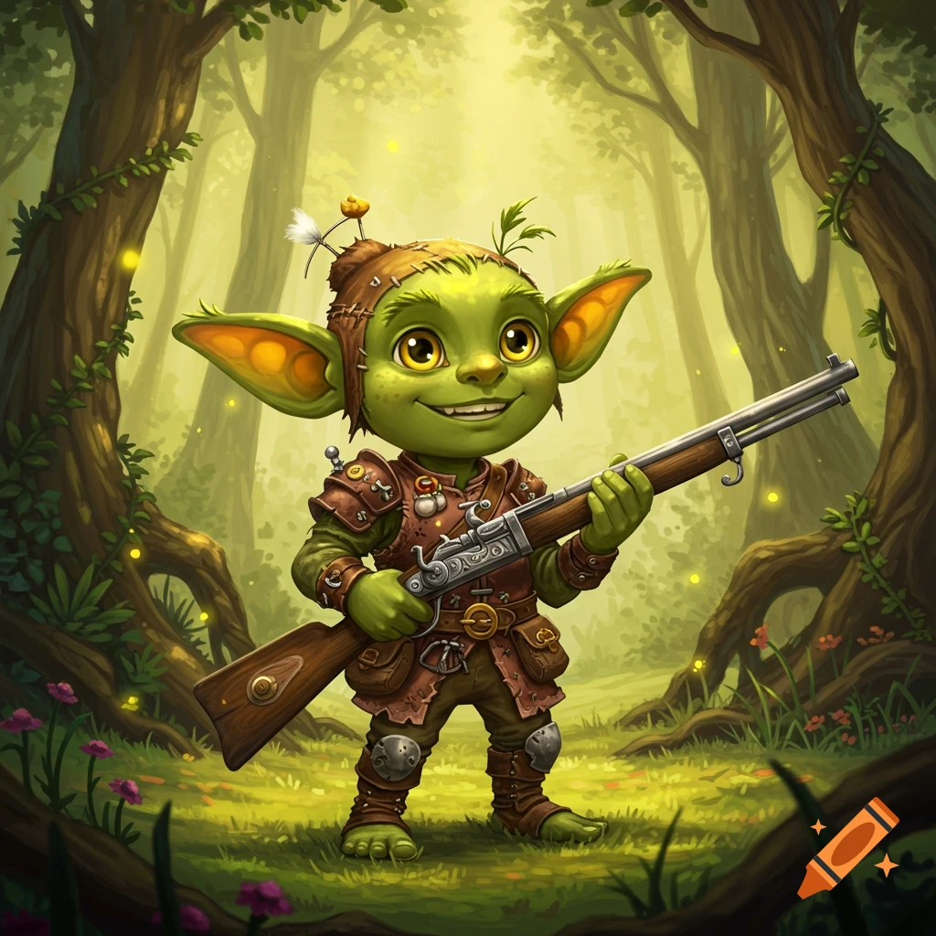 A cute green goblin with large ears and a big smile stands in a magical ...