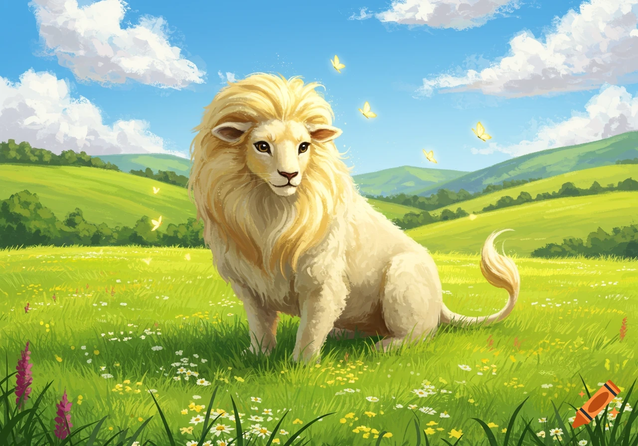 A wolf, lamb, lion, and snake peacefully coexist in a sunny, green ...