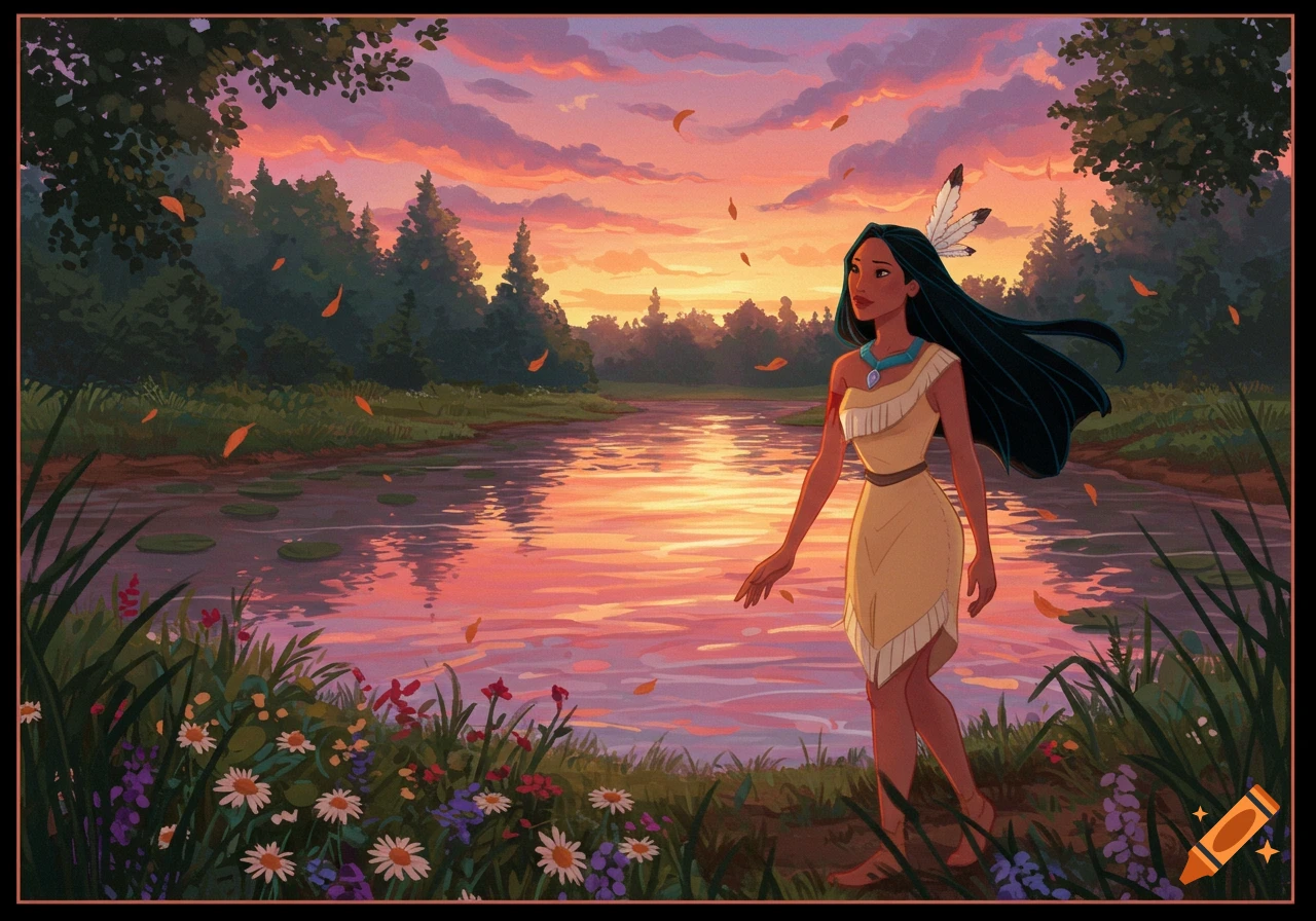Pocahontas stands barefoot by a tranquil river at sunset, surrounded by wildflowers and lush ...