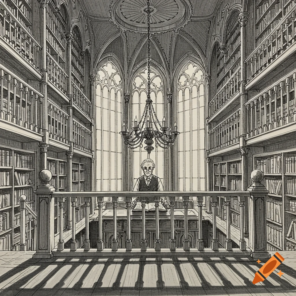 Ink drawing of an old man reading in a grand, gothic library with high windows and bookshelves ...