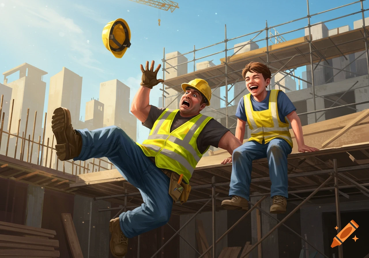 A stylized illustration shows a construction worker falling while an ...