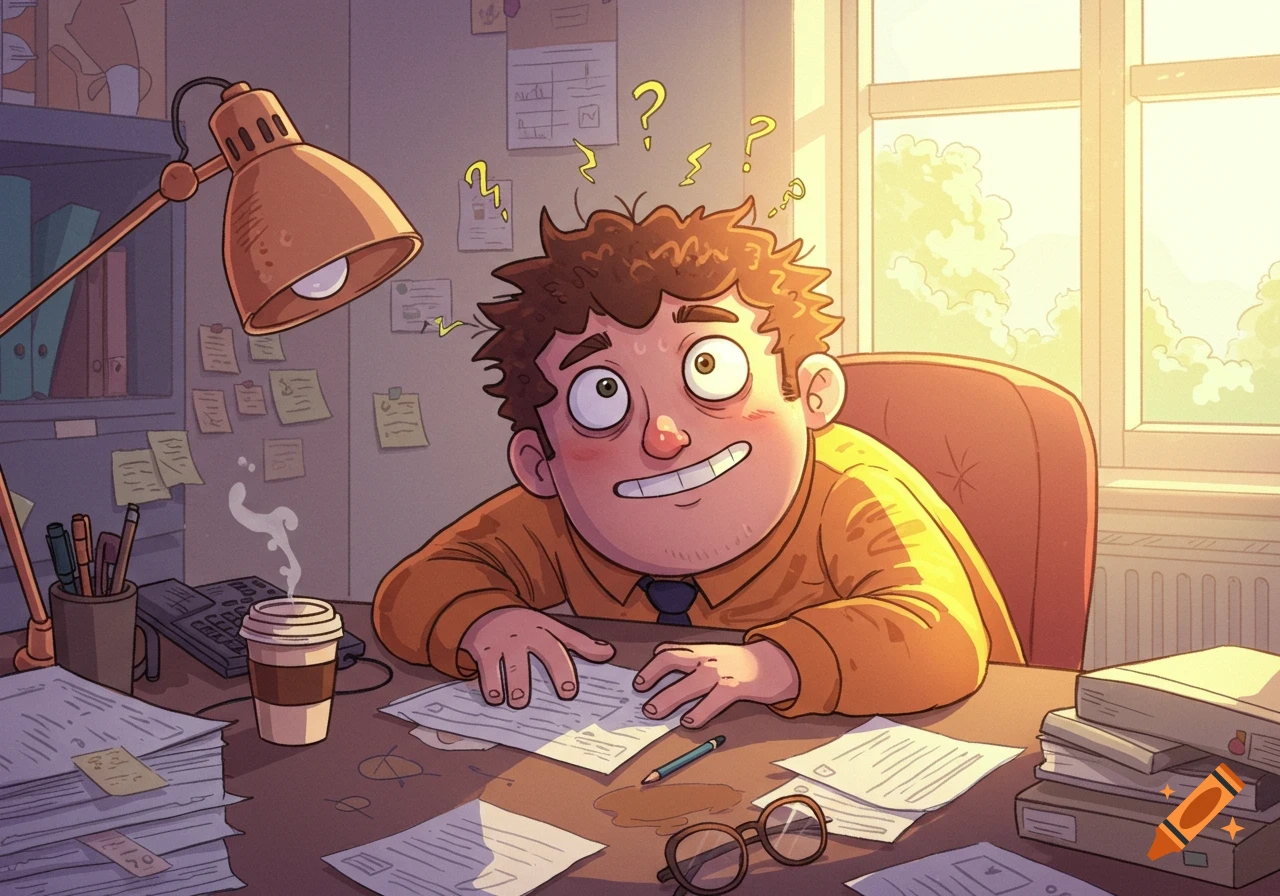 A stressed cartoon engineer with red hair and glasses sits at a messy ...