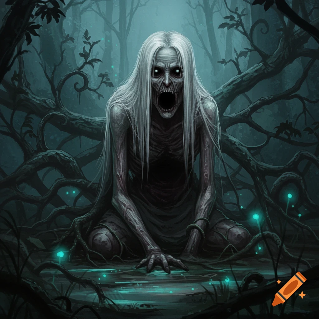 A creepy, gaunt, zombie-like creature with glowing yellow eyes, long ...