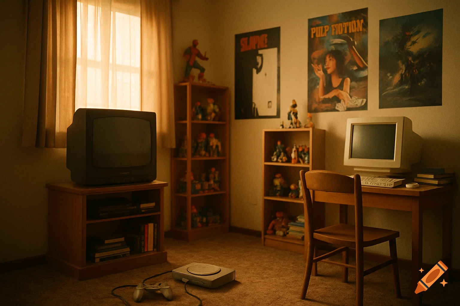 A cozy, nostalgic teenage bedroom from the early 2000s, with warm ...