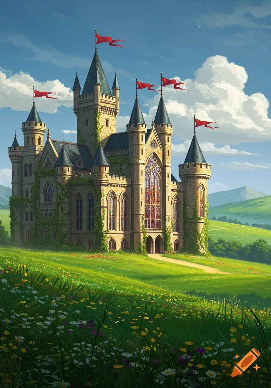 Multiple elaborate fantasy castles on misty, forested hills connected ...